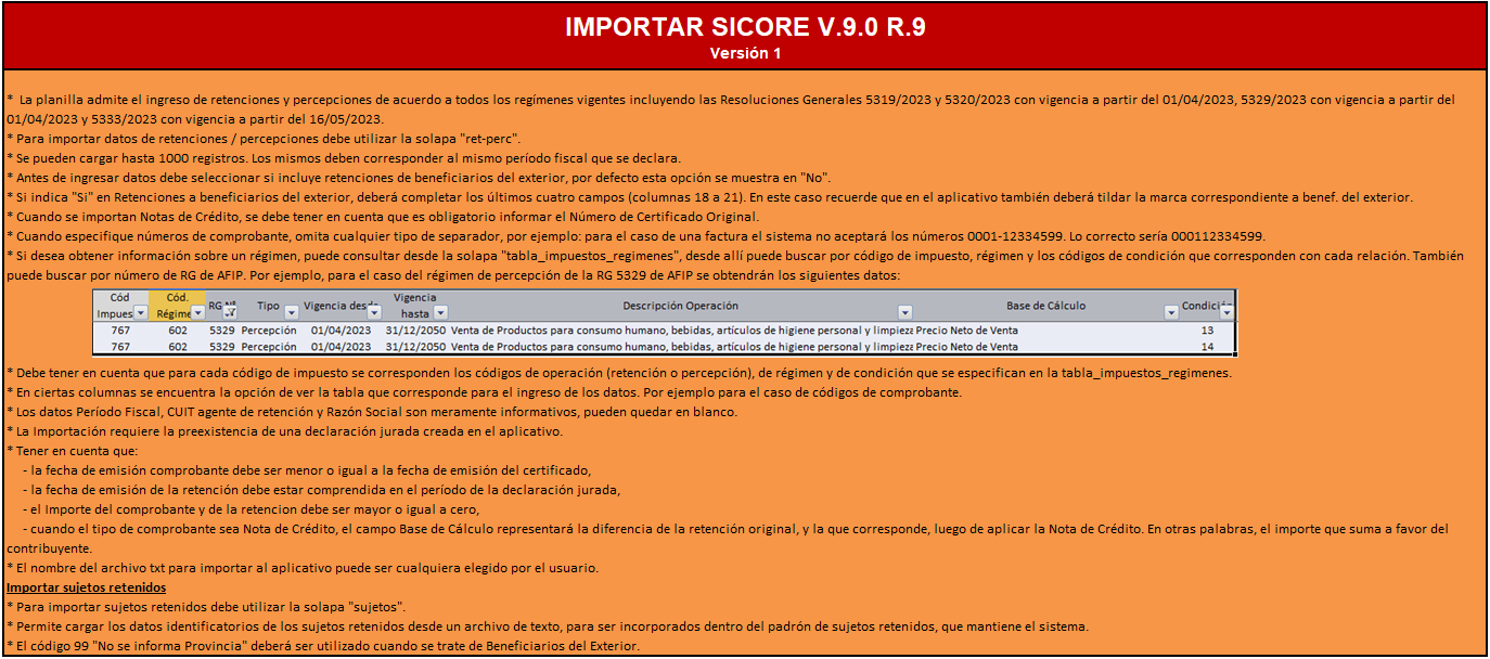 Planilla para importar retenciones / percepciones SICORE V9 R9